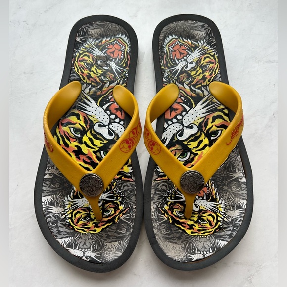 Ed Hardy | Shoes | Vintage Ed Hardy Yellow And Grey Tiger Flip Flops ...
